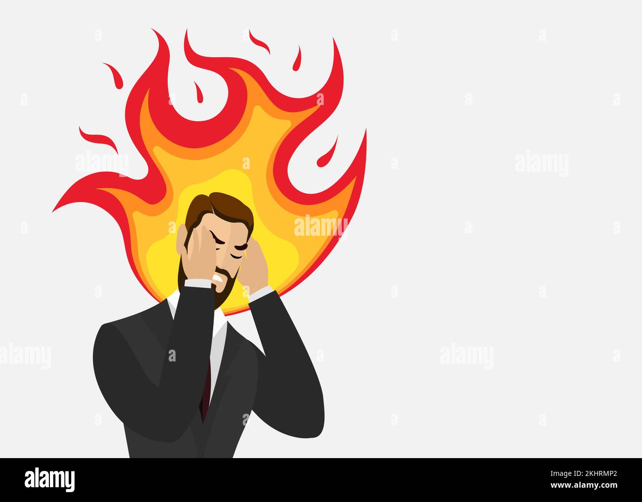 Angry man with head on fire. Stressed furious businessman with burning ...