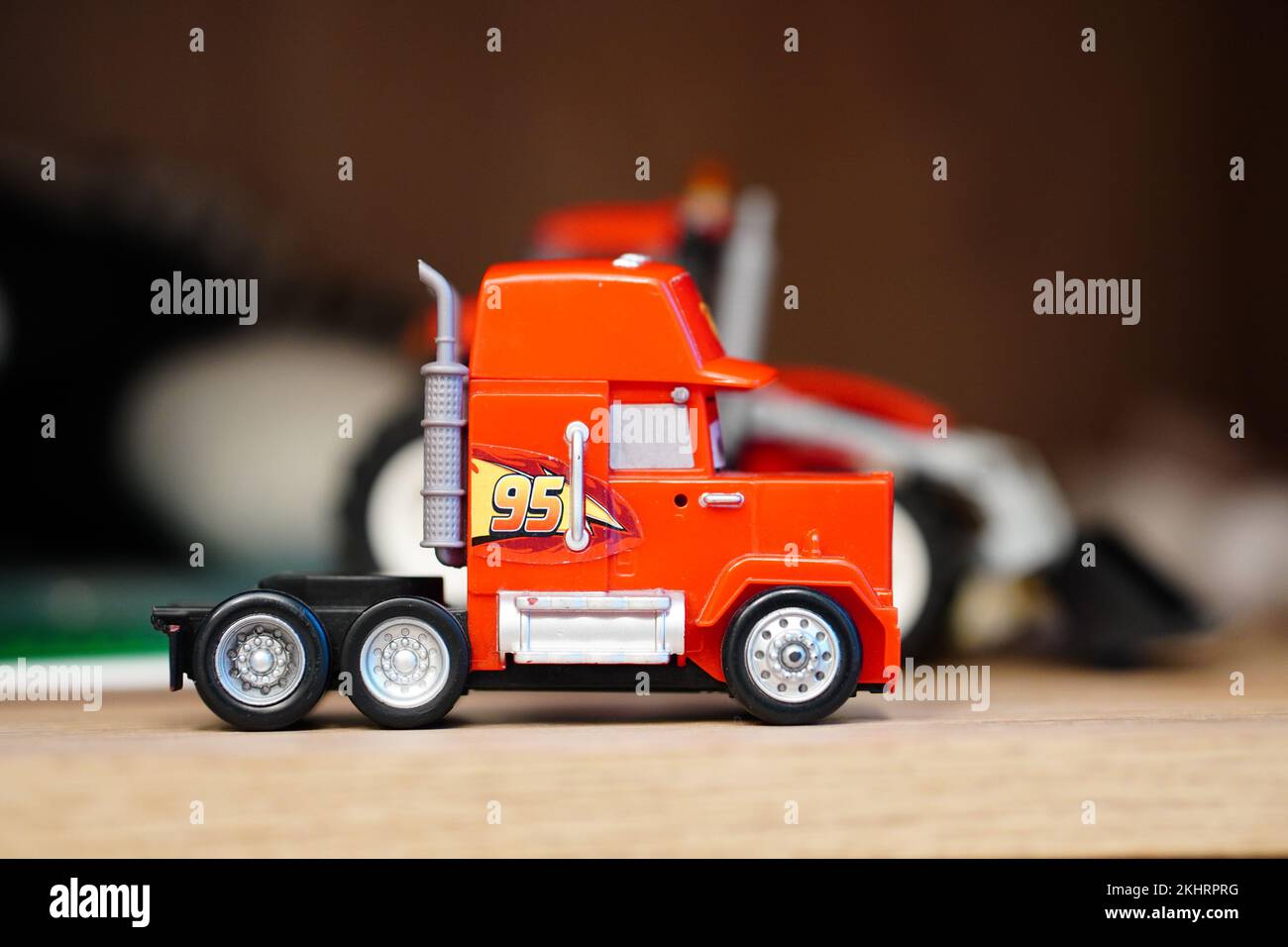 A selective focus closeup view of a toy model Mack truck from the ...