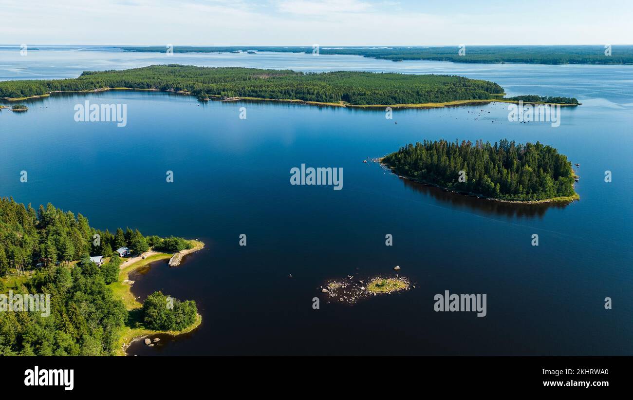 An aerial view of Finnish Archipelago with dense evergreen trees Stock ...