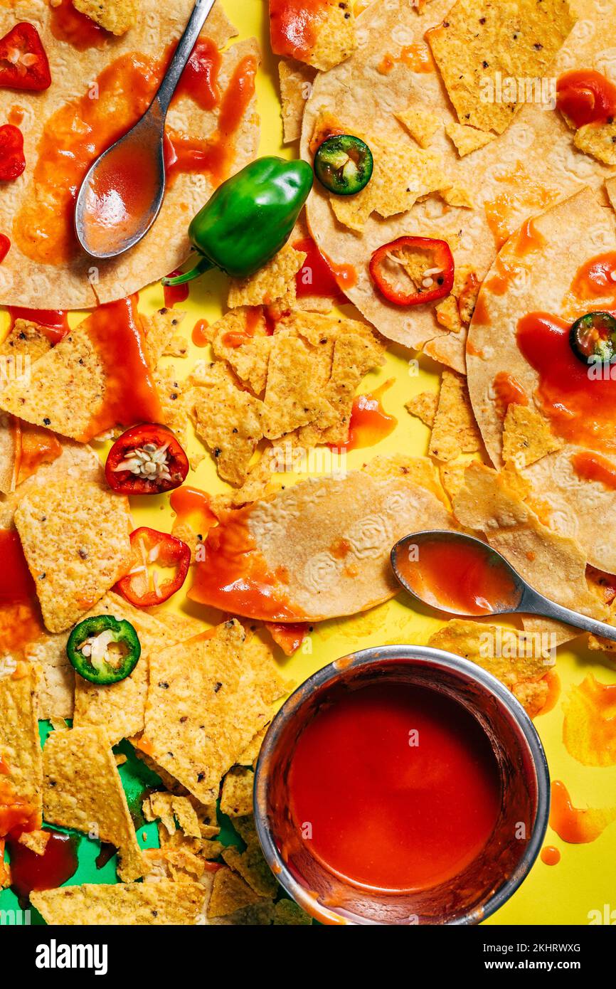 Top view of Mexican food, Closeup Tex Mex food with drops and stains of ...