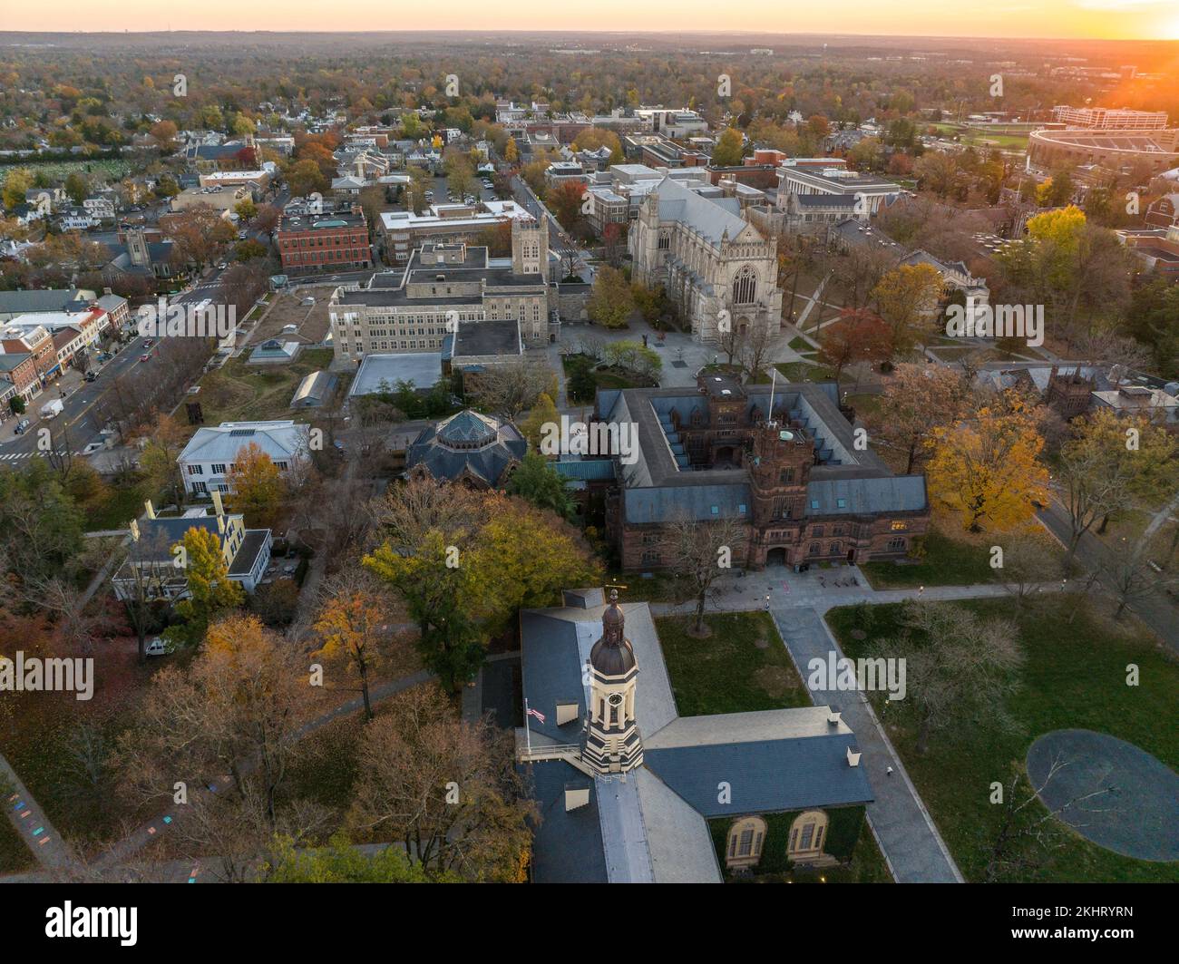 A drone view of golden sunrise over Princeton New Jersey. Cityscape ...