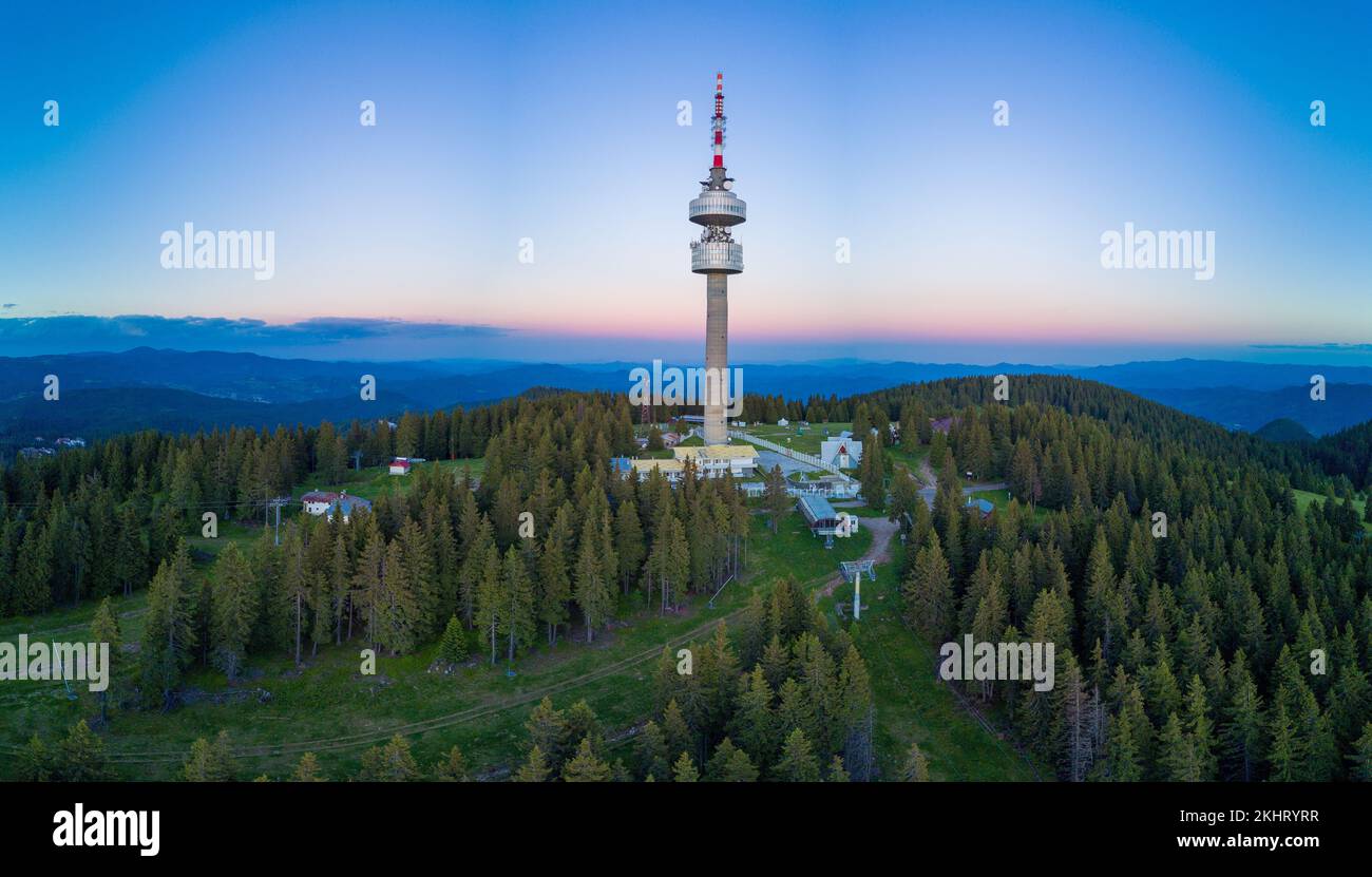 Snezhanka tower in valley of Rhodope mountains and forests against ...