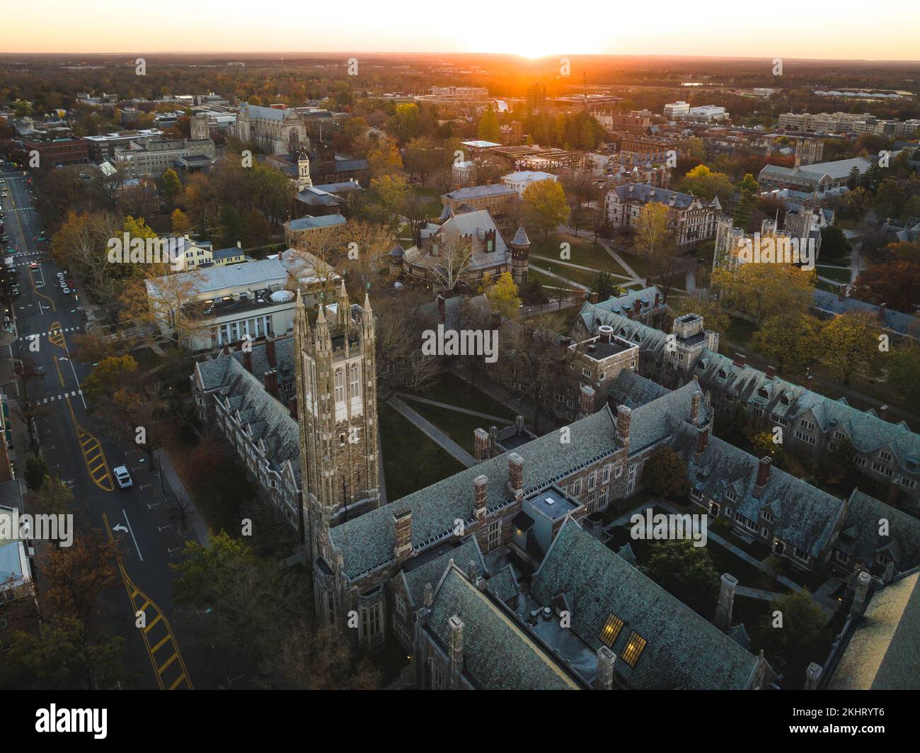 A drone view of golden sunrise over Princeton New Jersey. Cityscape ...
