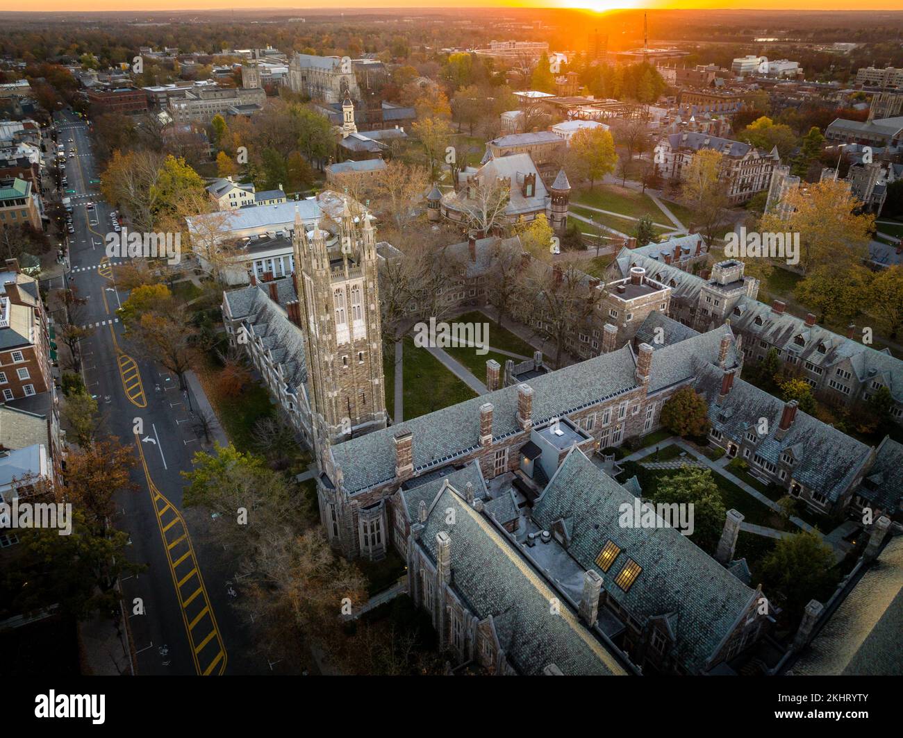 A drone view of golden sunrise over Princeton New Jersey. Cityscape ...