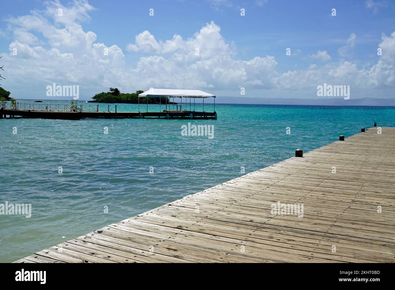 wooden boat jetty in the caribbean sea near samana Stock Photo - Alamy