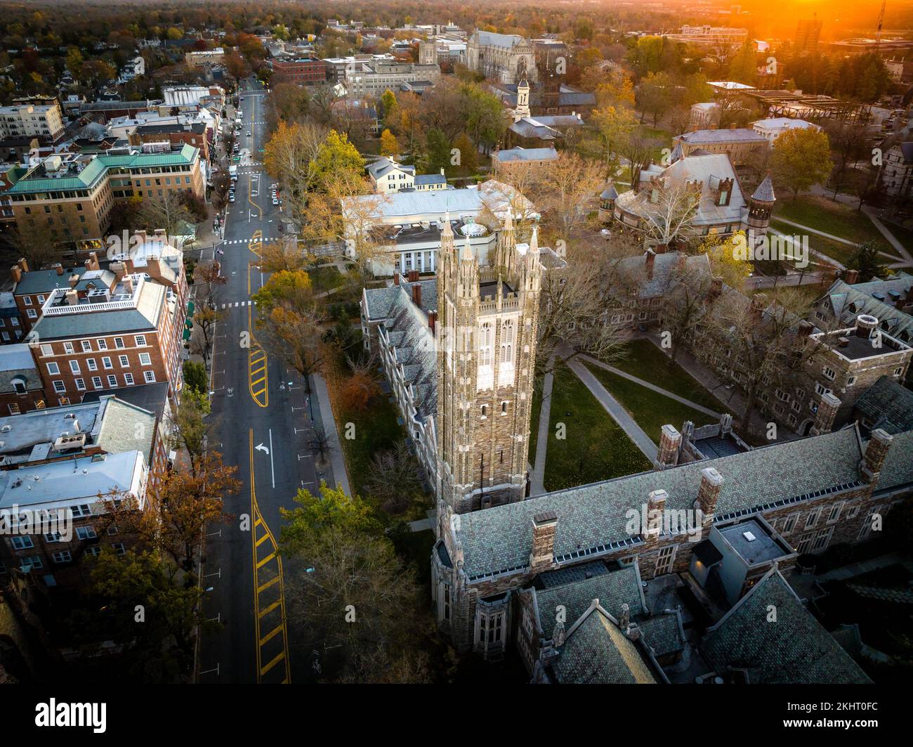 A drone view of golden sunrise over Princeton New Jersey. Cityscape ...