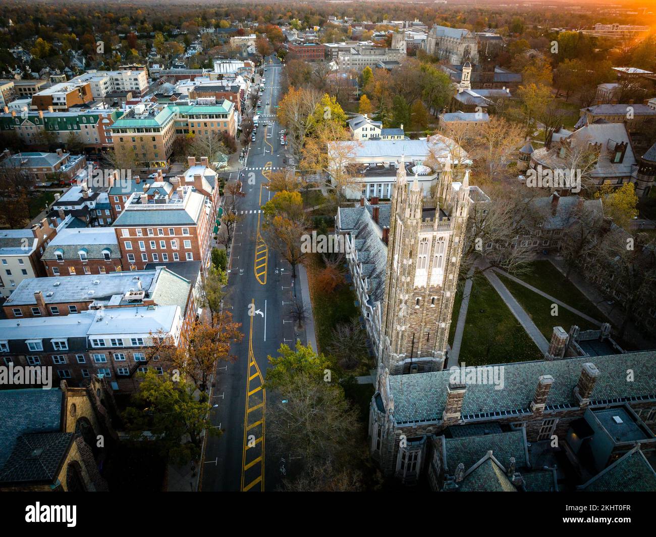 A drone view of golden sunrise over Princeton New Jersey. Cityscape ...