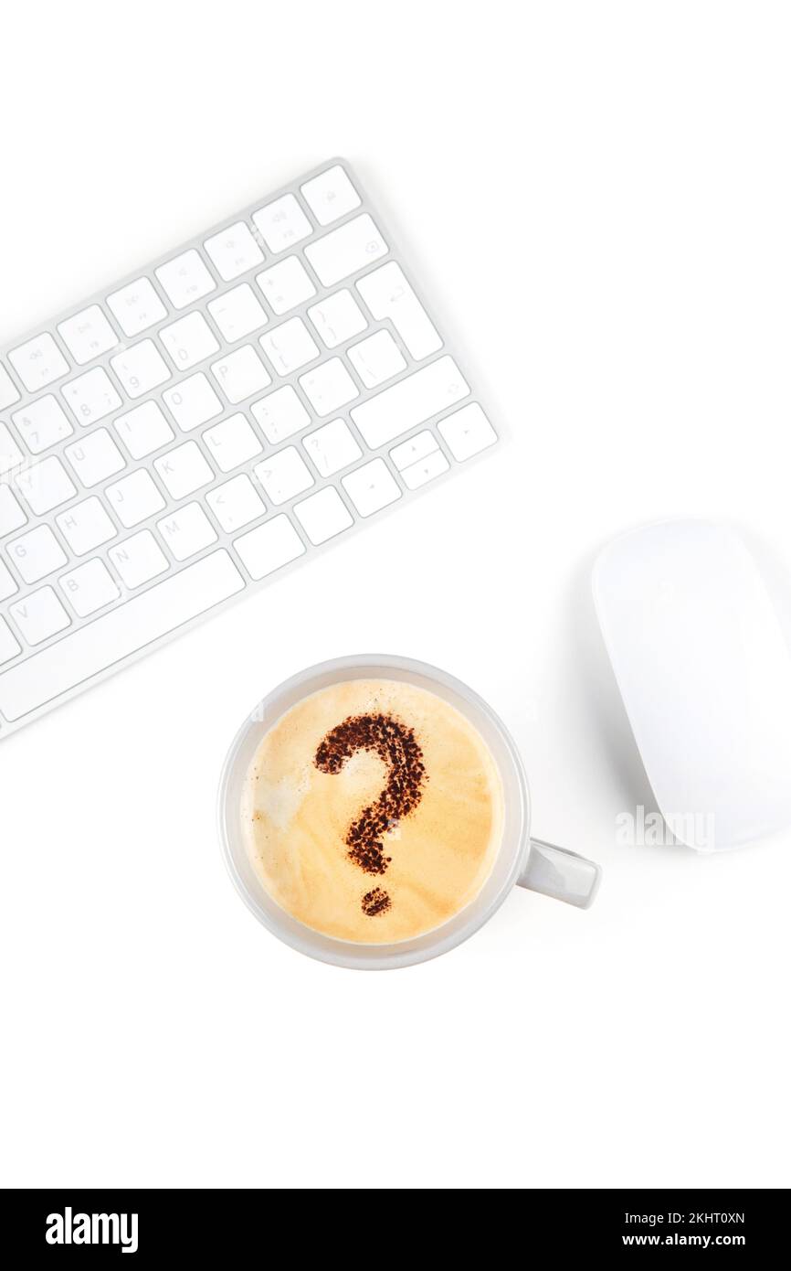 Question mark on cup of coffee on computer desk. Problems Solution concept. Top view Stock Photo ...
