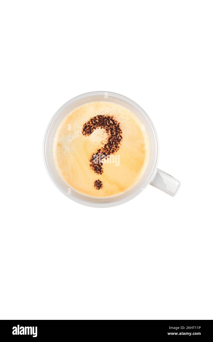 Question mark on cup of coffee. Top view Stock Photo - Alamy