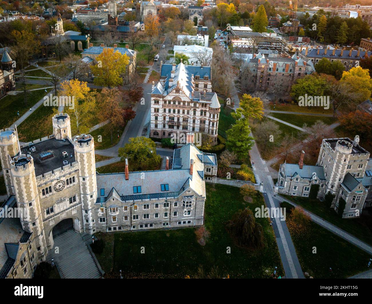 A drone view of golden sunrise over Princeton New Jersey. Cityscape ...
