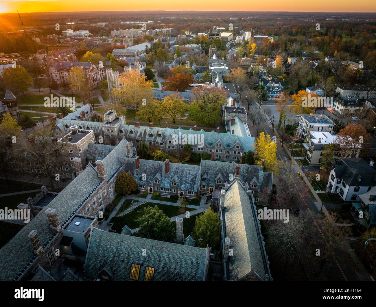 A drone view of golden sunrise over Princeton New Jersey. Cityscape ...