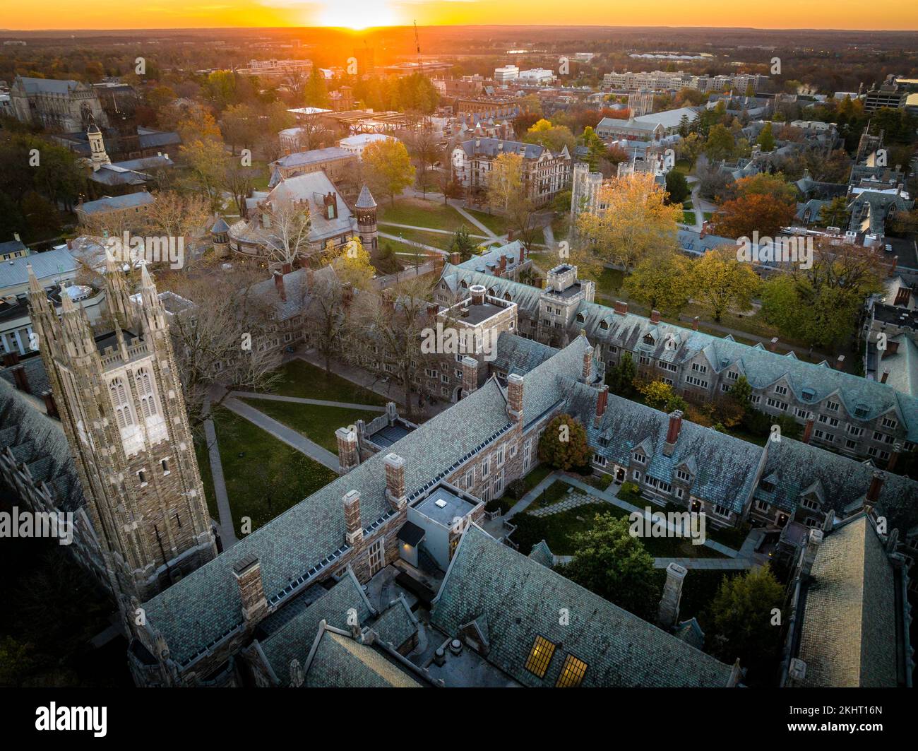 A drone view of golden sunrise over Princeton New Jersey. Cityscape ...