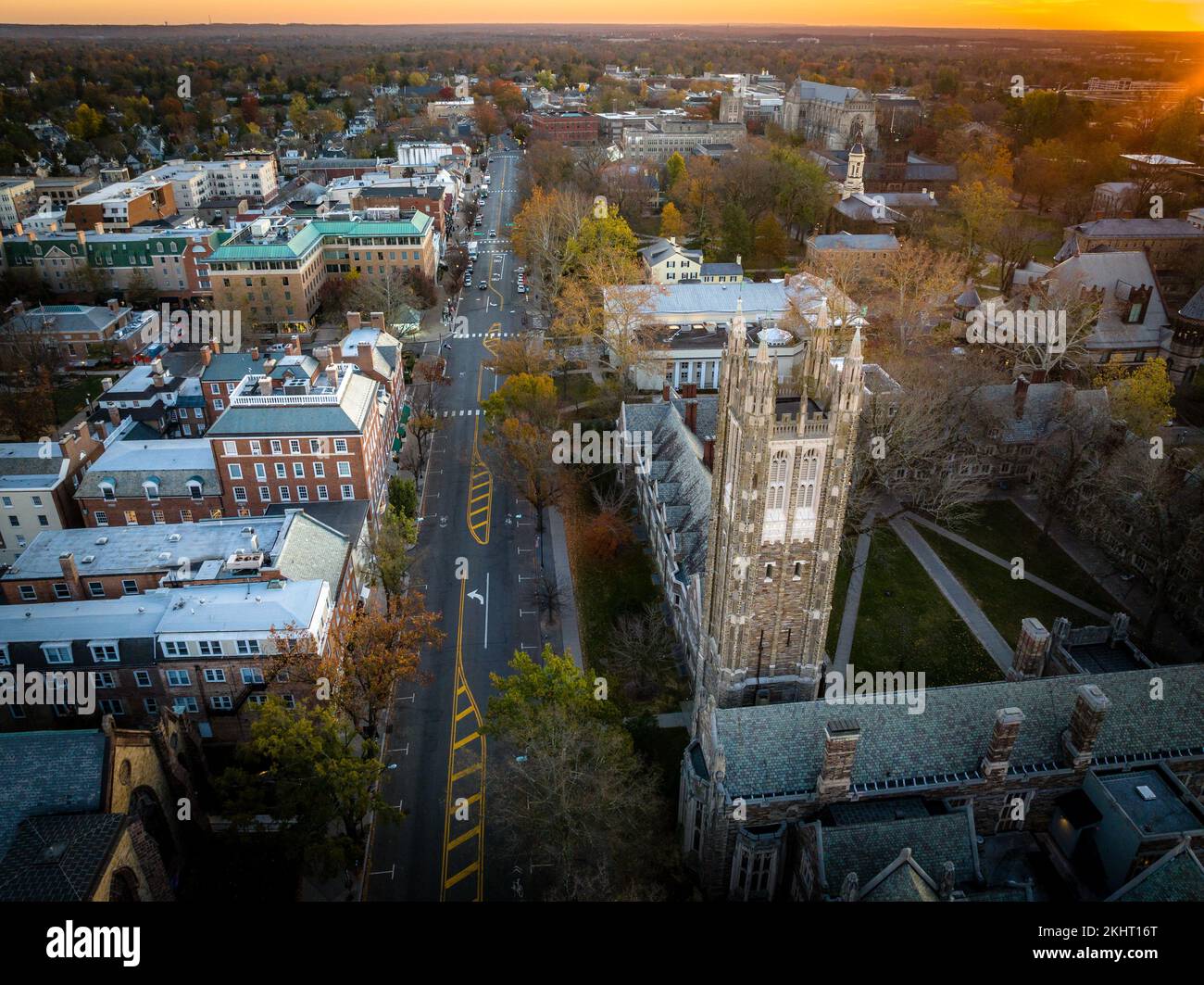 A drone view of golden sunrise over Princeton New Jersey. Cityscape ...