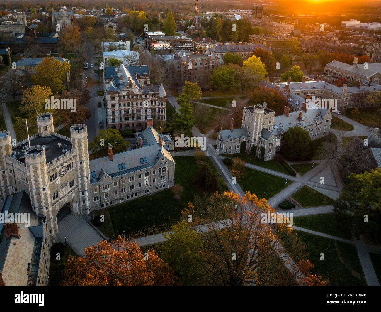A drone view of golden sunrise over Princeton New Jersey. Cityscape ...