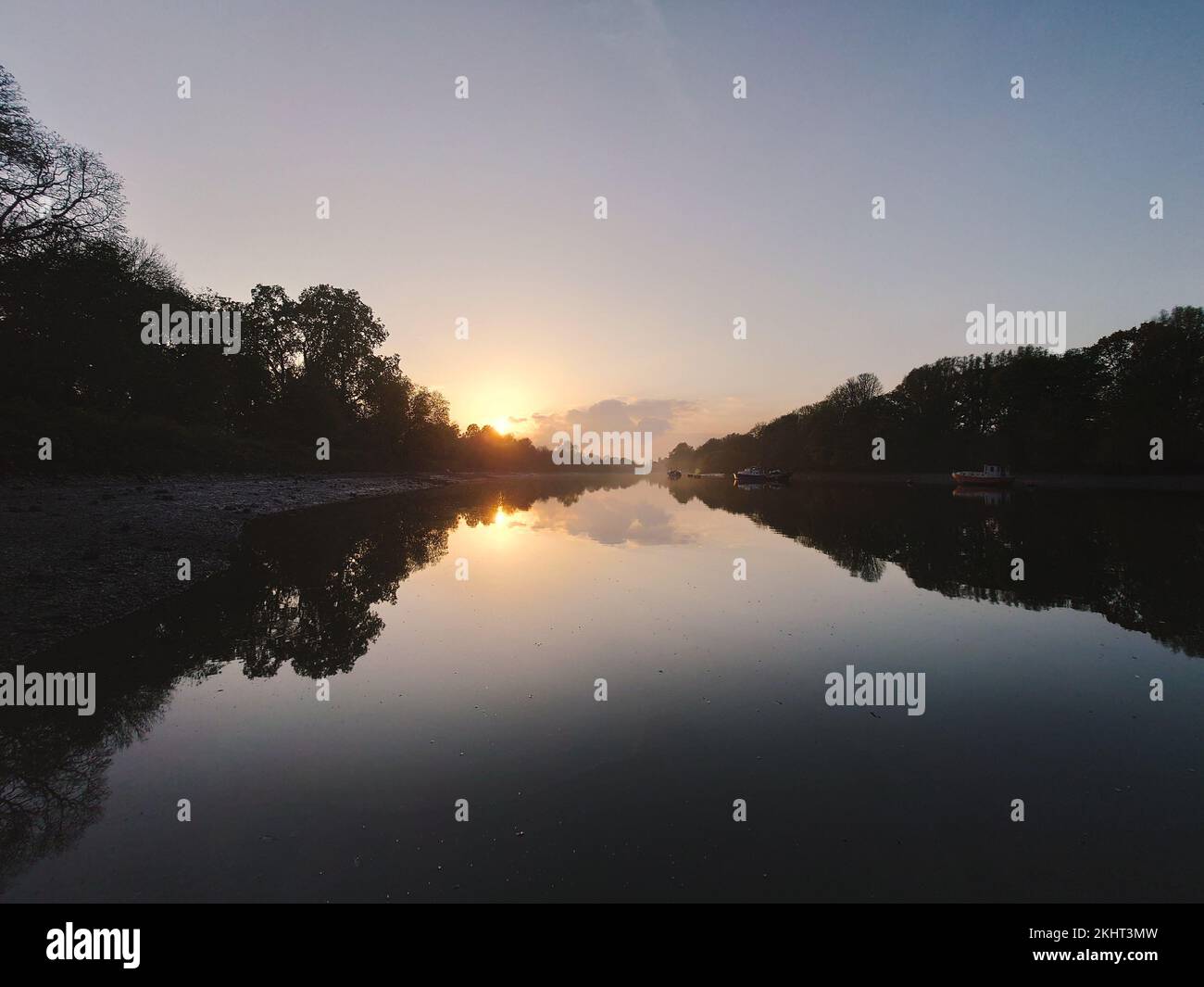 A scenic display of forest trees reflecting on river Thames at sunset ...