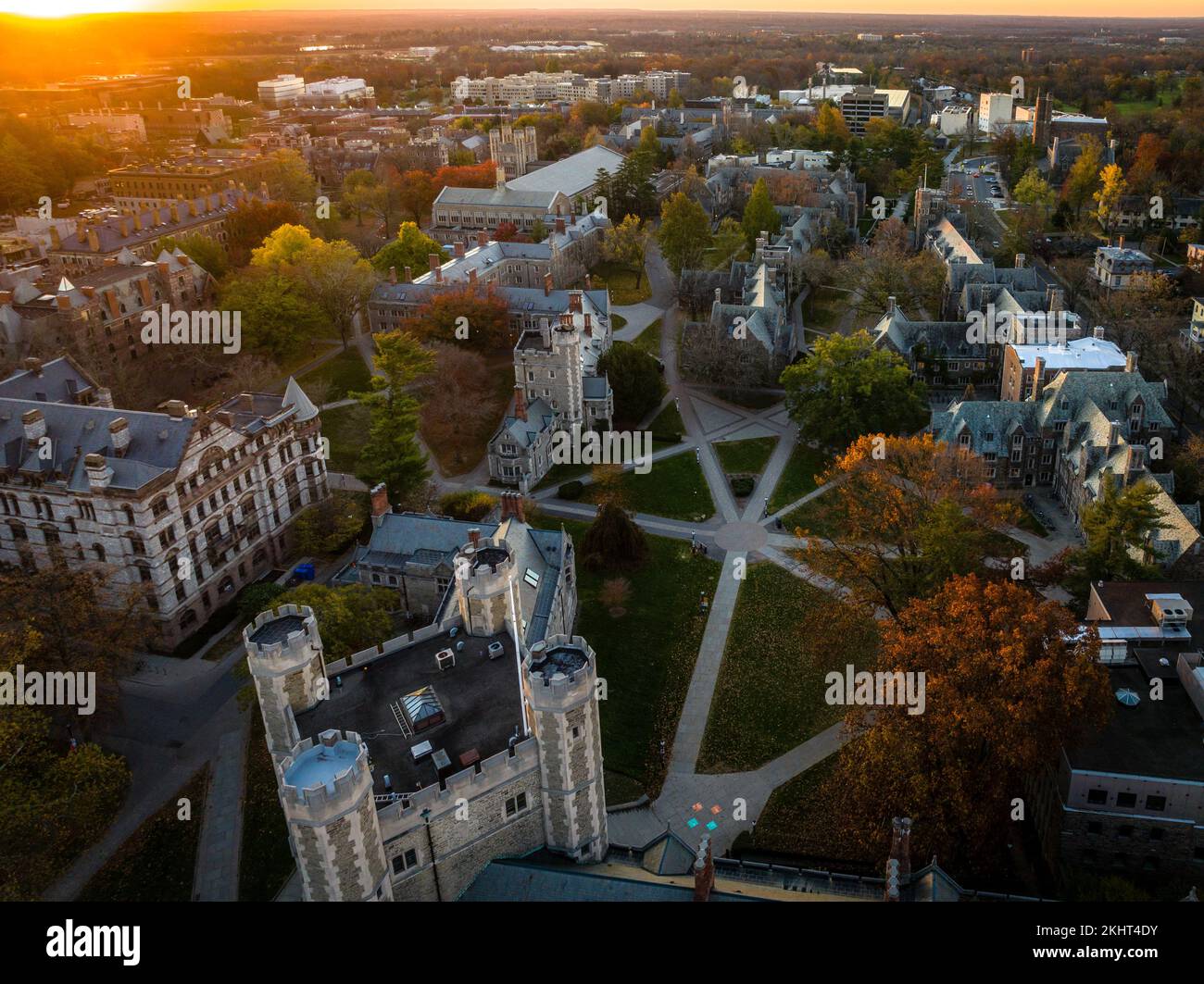 A drone view of golden sunrise over Princeton New Jersey. Cityscape ...