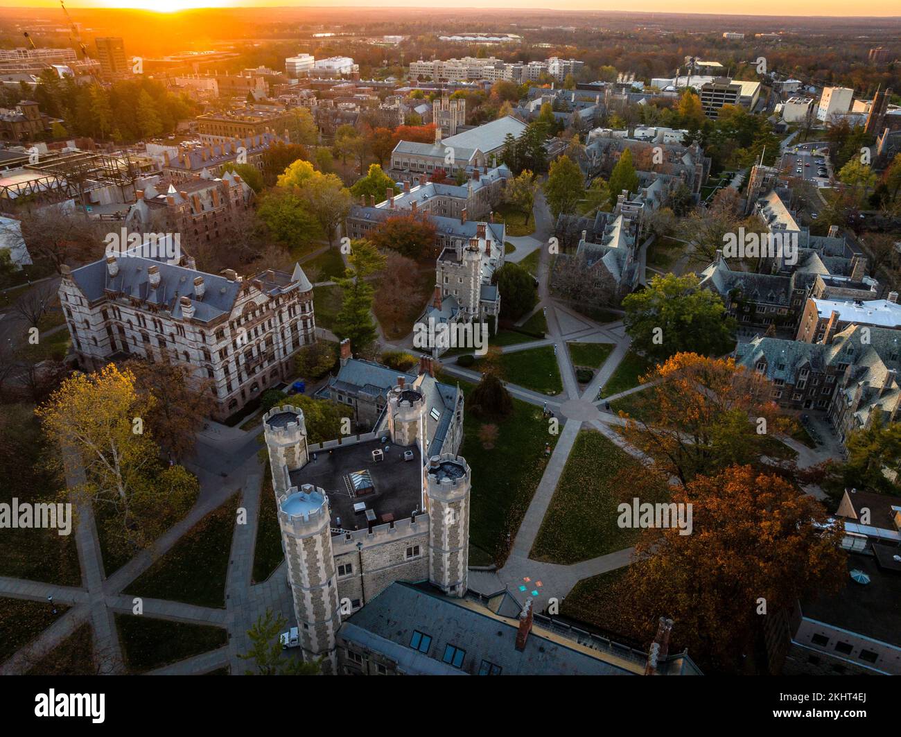 A drone view of golden sunrise over Princeton New Jersey. Cityscape ...