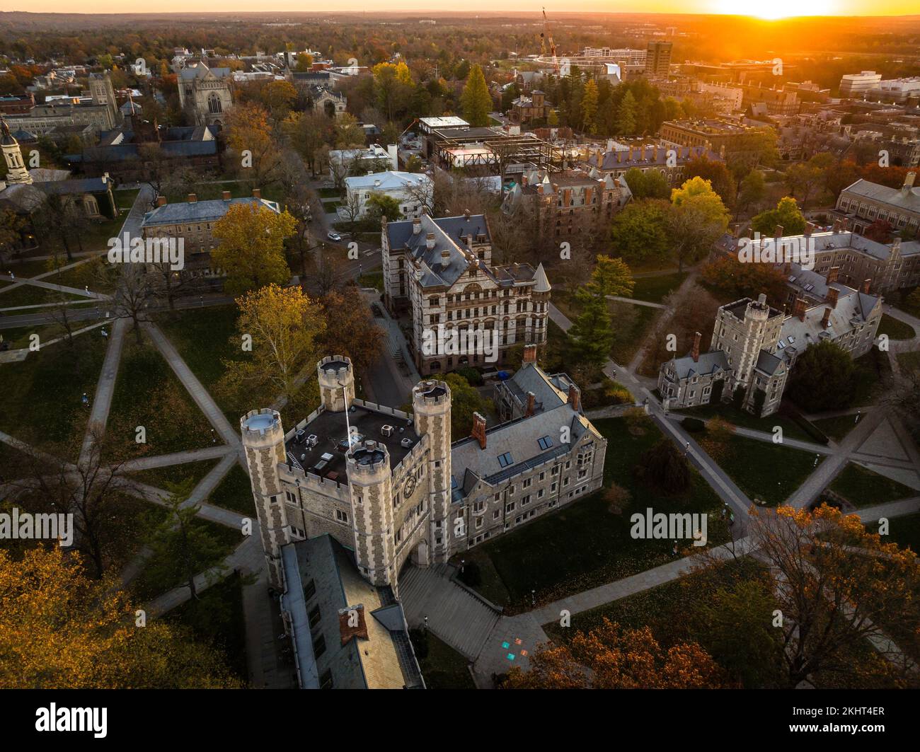 A drone view of golden sunrise over Princeton New Jersey. Cityscape ...
