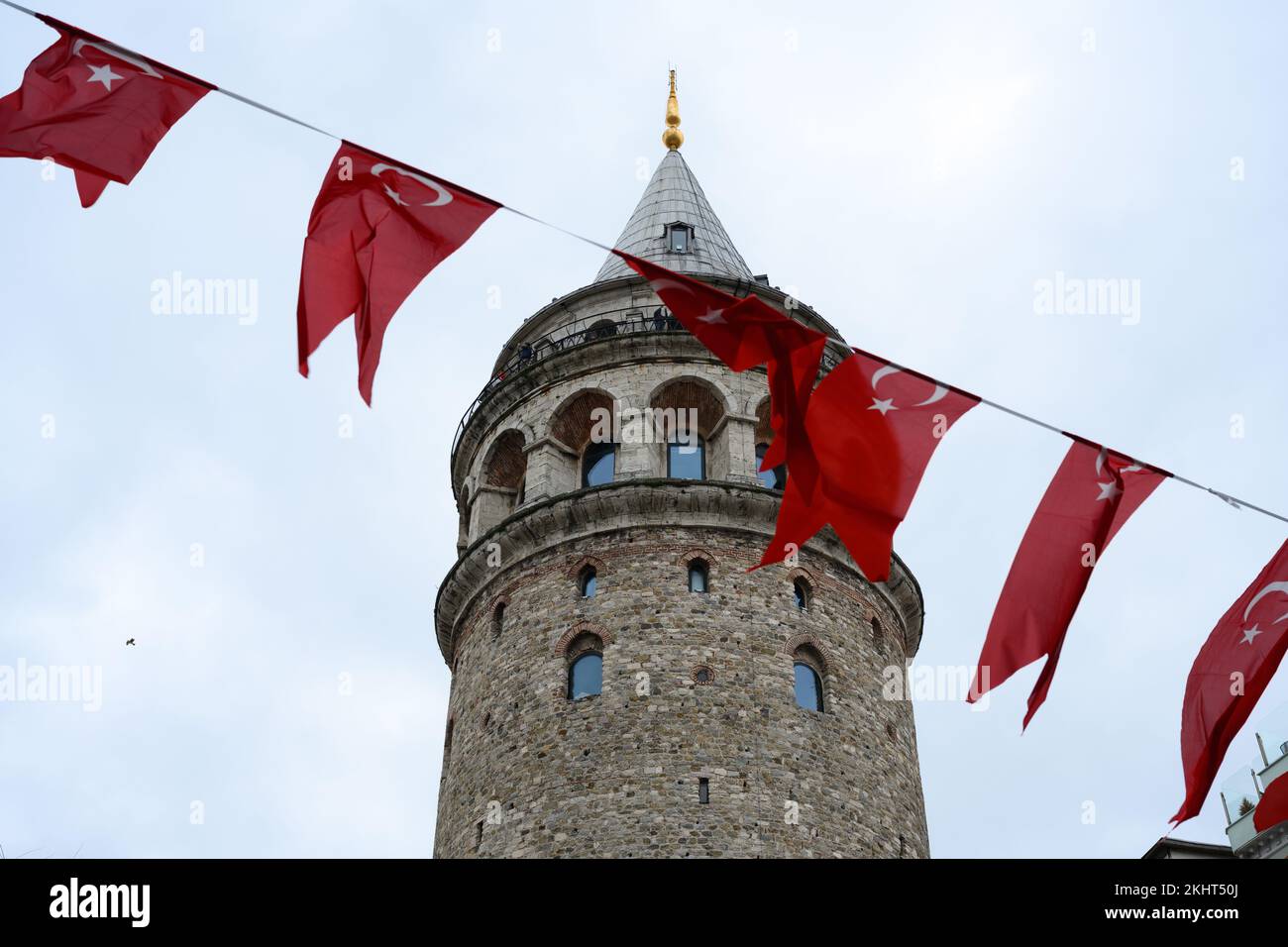 (Selective focus, focus on the Tower) Blurred Turkish National Flags in ...