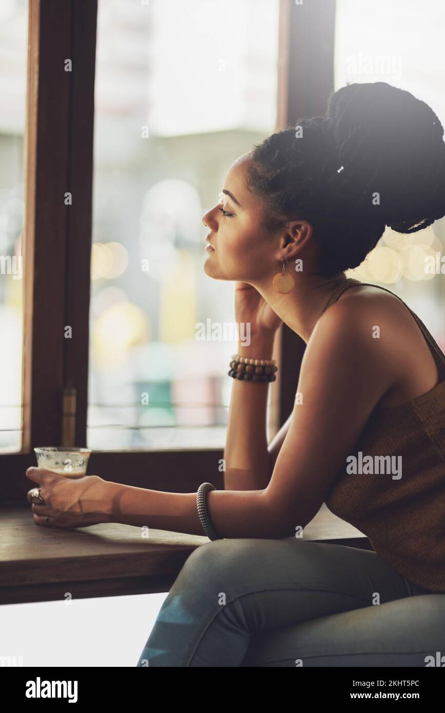 Black woman thinking, drinking coffee and cafe, dreaming of ideas and ...