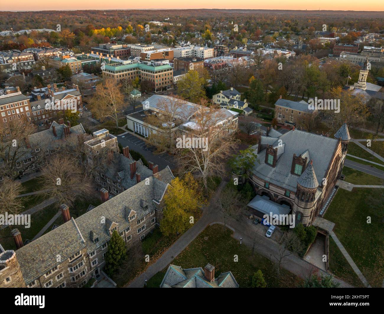 A drone view of golden sunrise over Princeton New Jersey. Cityscape ...