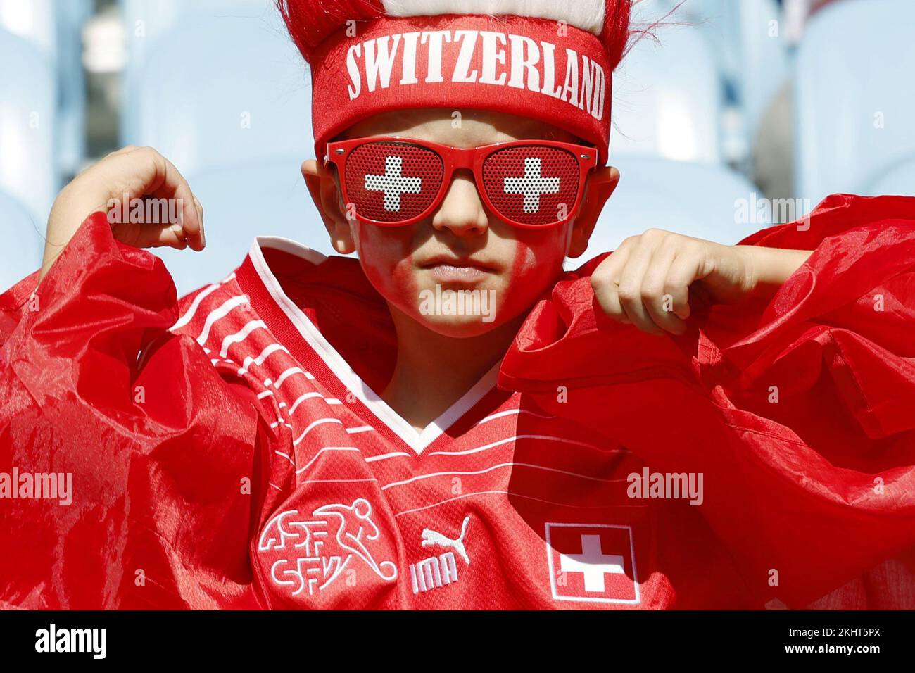 A supporter of Switzerland cheers ahead of a World Cup Group G football ...