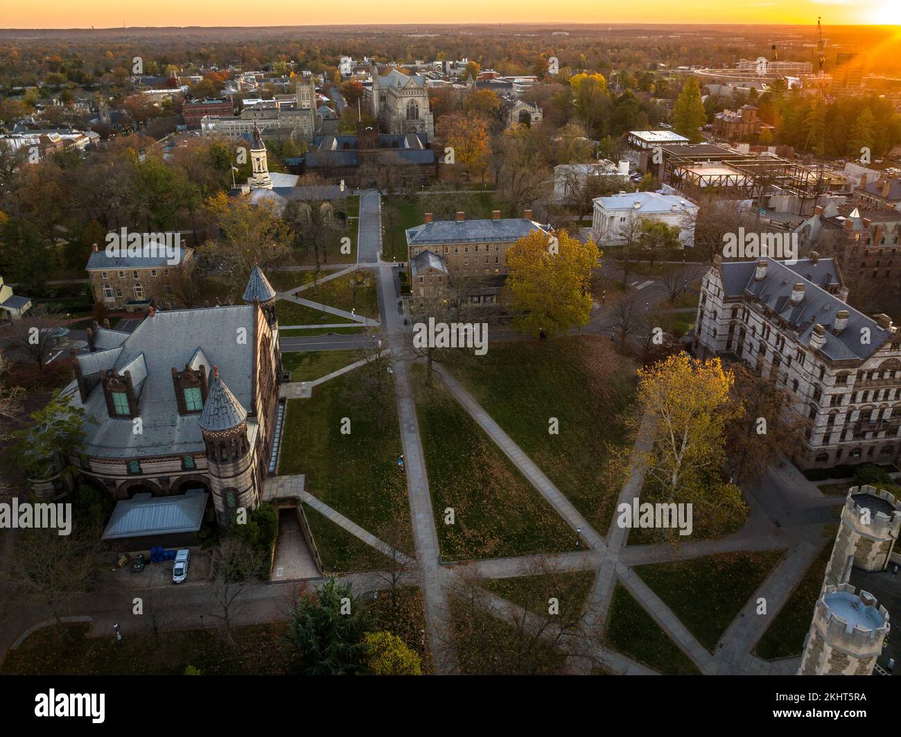 A drone view of golden sunrise over Princeton New Jersey. Cityscape ...