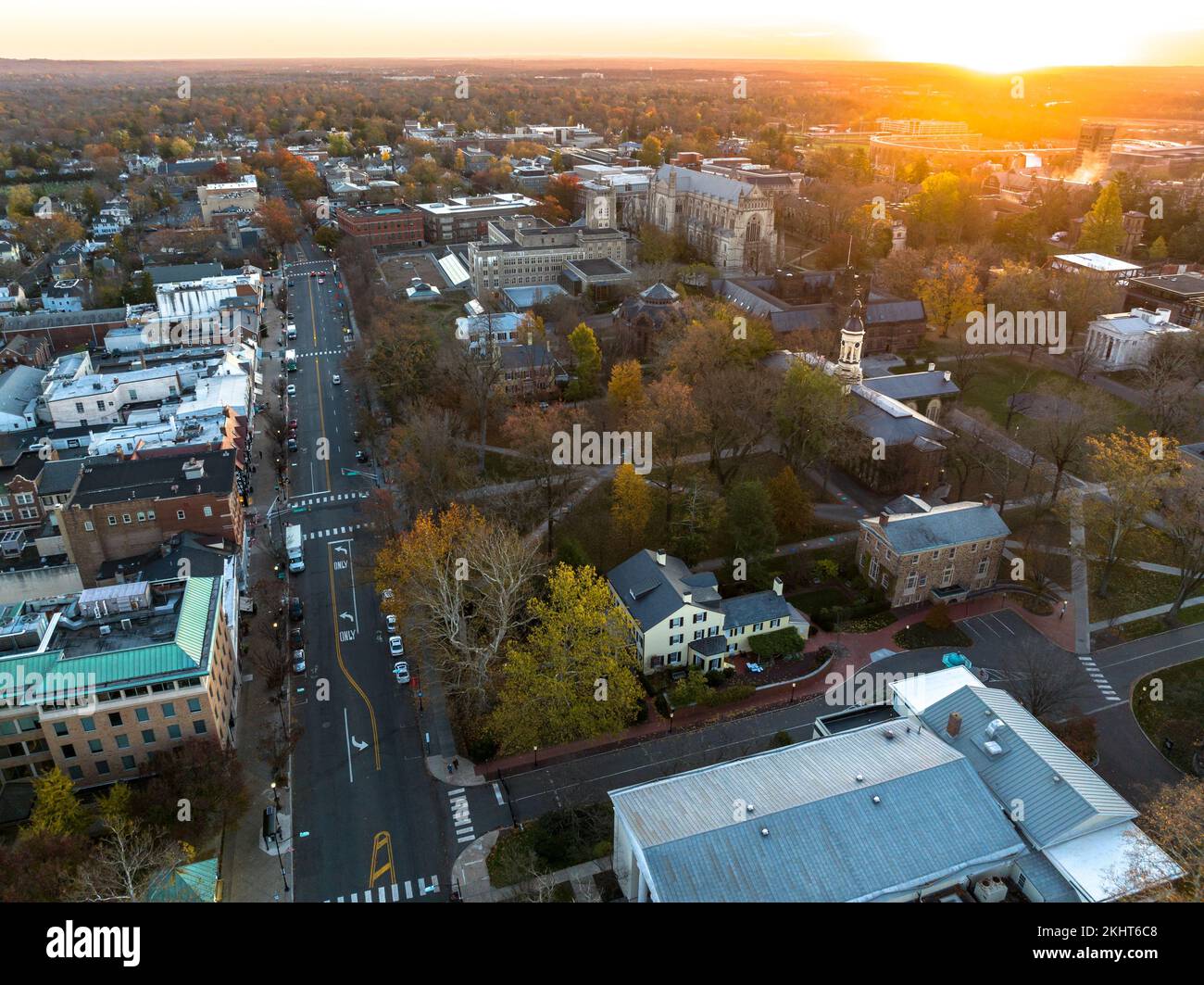 A drone view of golden sunrise over Princeton New Jersey. Cityscape ...
