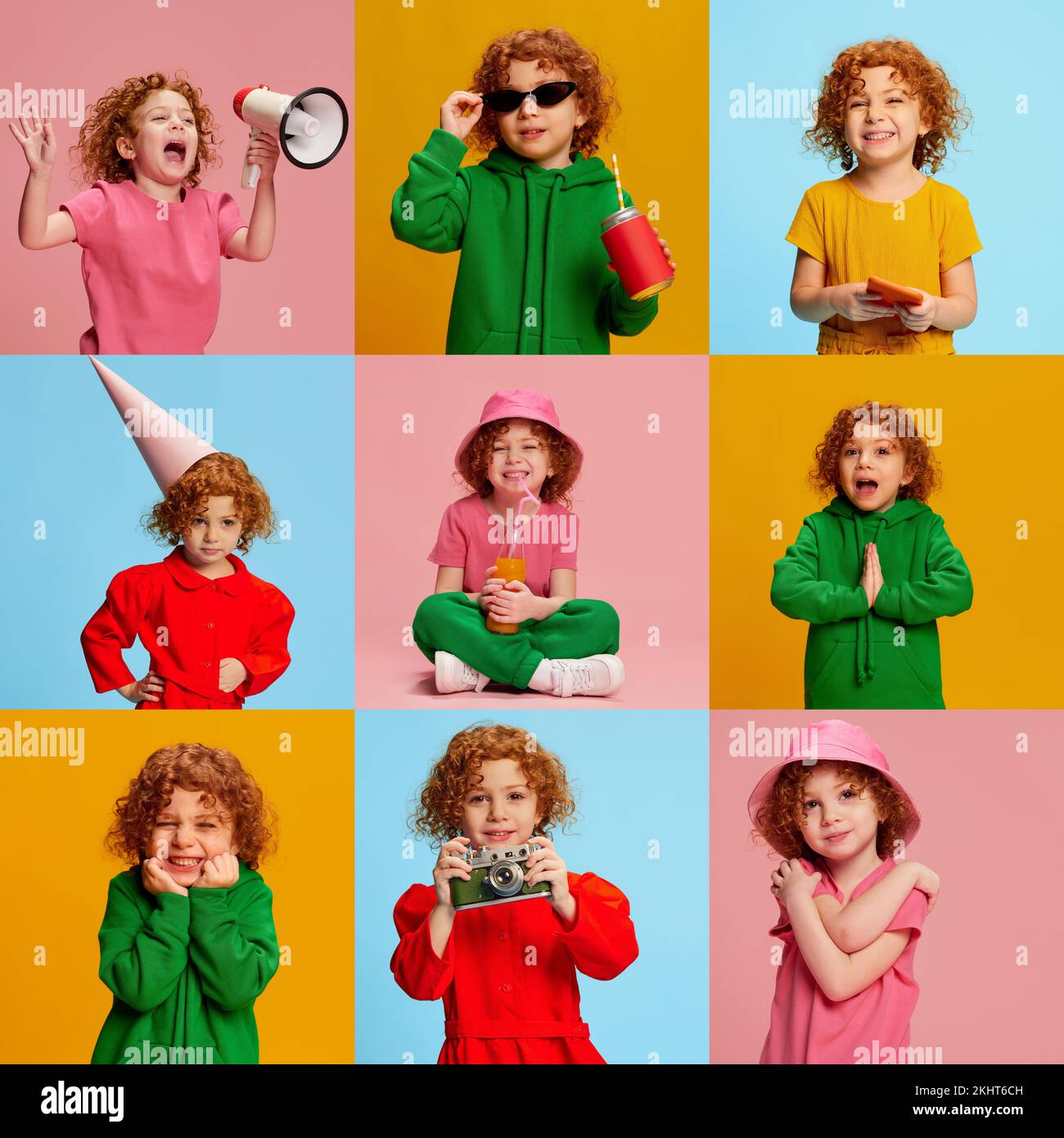 Collage. Portraits of cute little girl, child in different clothes ...