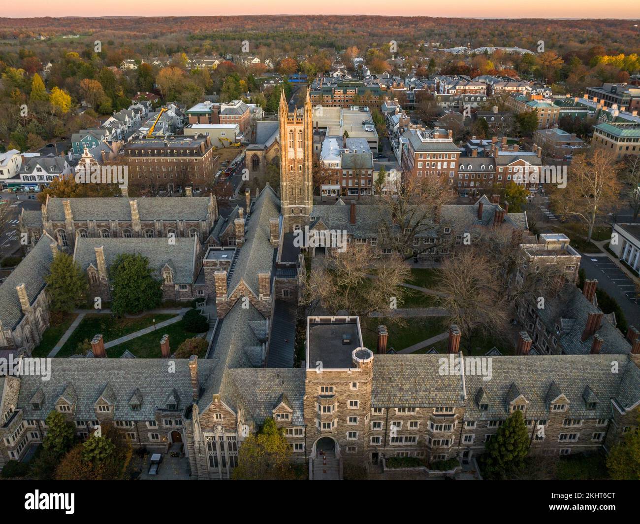 A drone view of golden sunrise over Princeton New Jersey. Cityscape ...