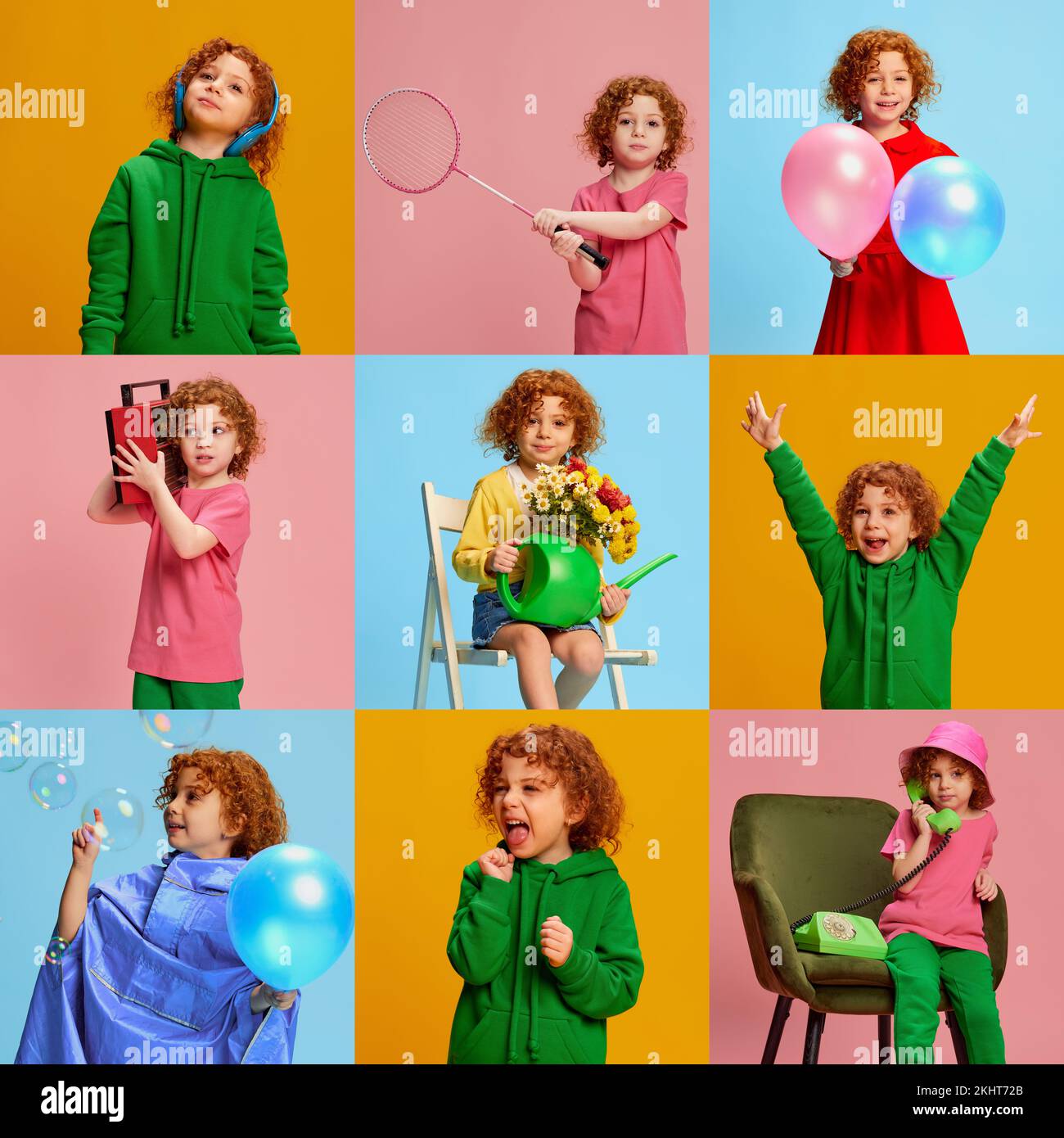 Collage. Portraits of cute little girl, child in different clothes ...