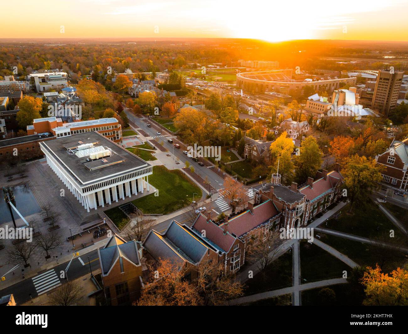 A drone view of golden sunrise over Princeton New Jersey. Cityscape ...