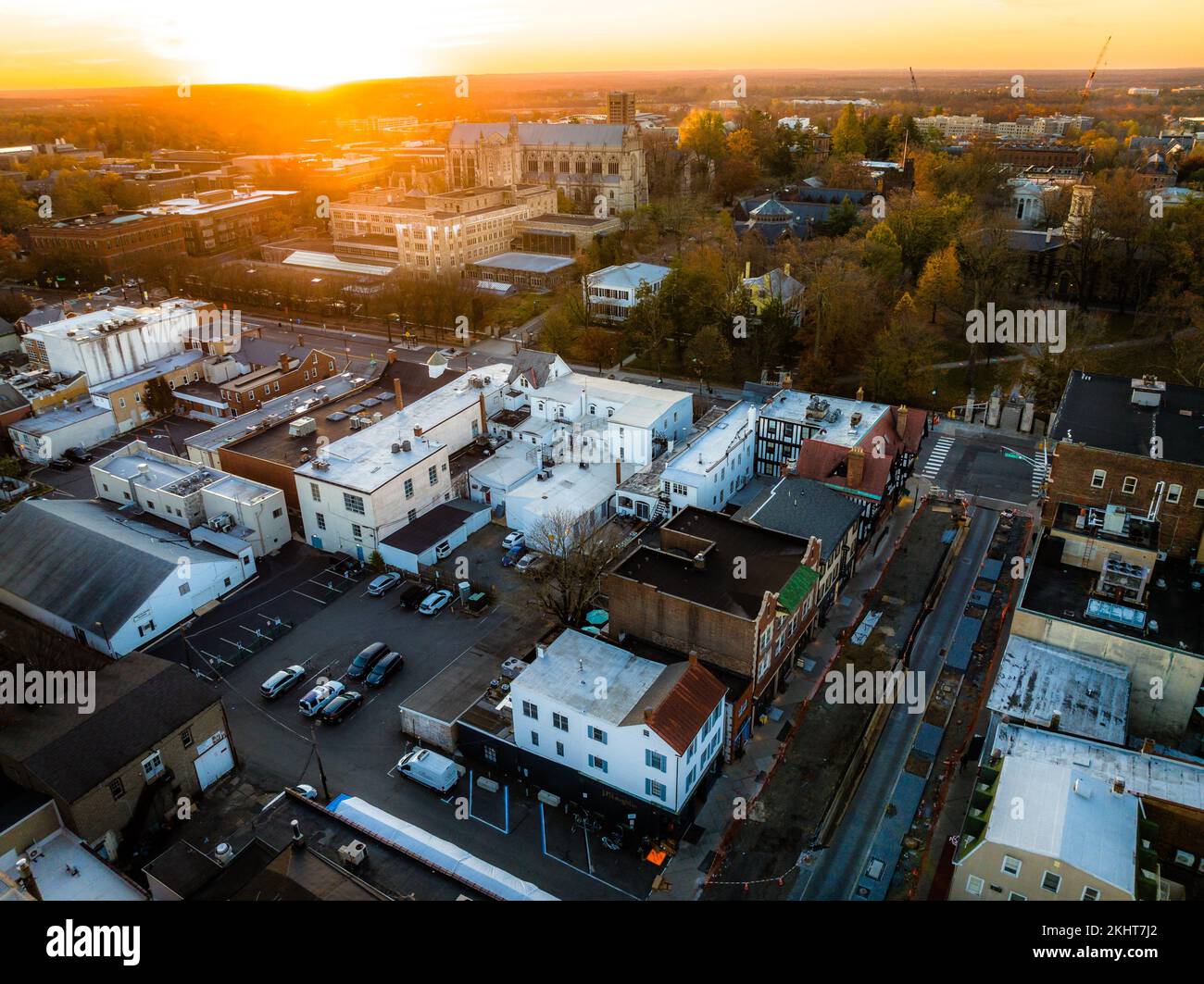A drone view of golden sunrise over Princeton New Jersey. Cityscape ...