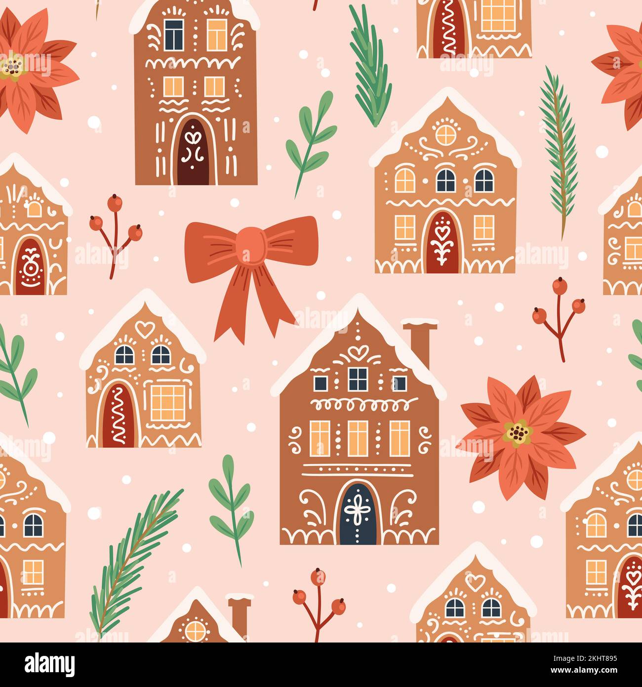 Gingerbread houses christmas pattern. Cute vector illustration in flat ...