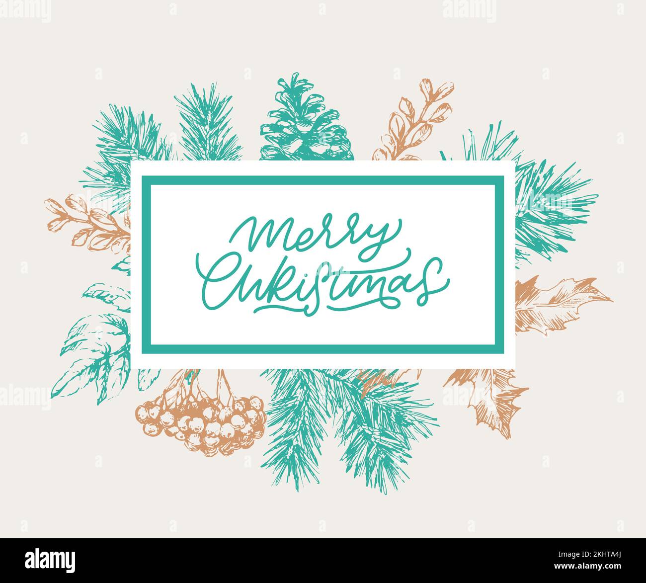 Merry Christmas and Happy New Year Abstract Botanical Card with Square ...