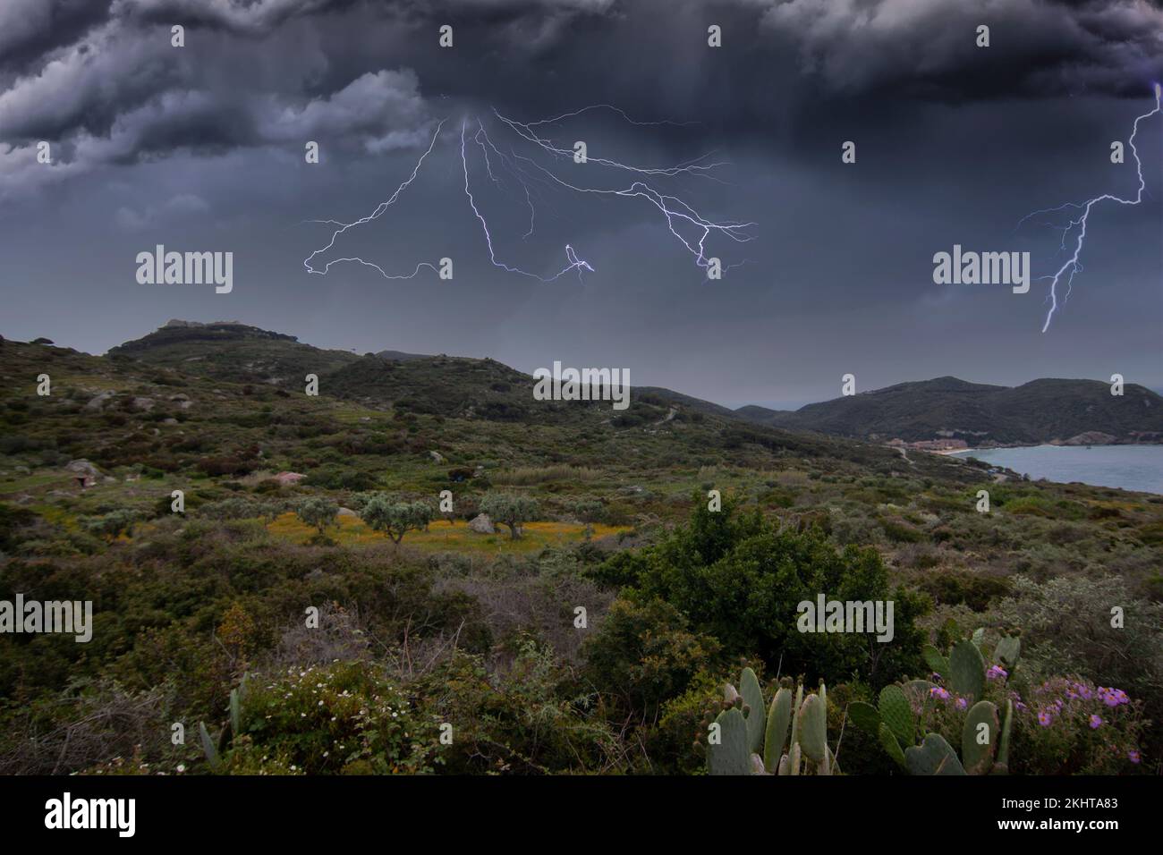 A scenic view of lightning visible in the sky during a heavy ...
