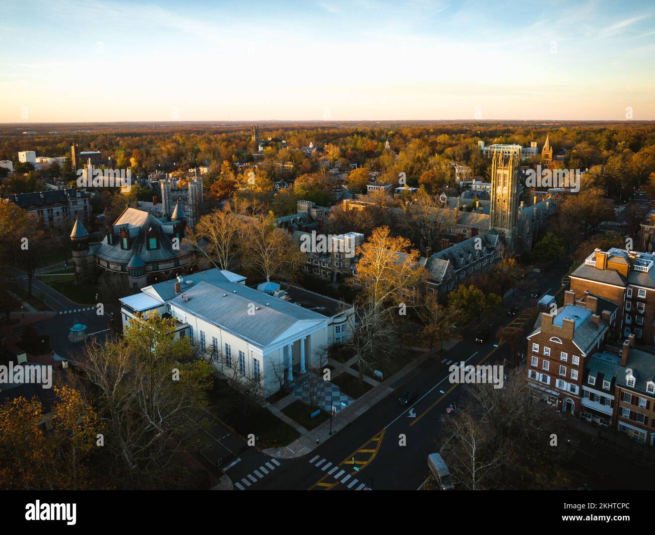 A drone view of golden sunrise over Princeton New Jersey. Cityscape ...
