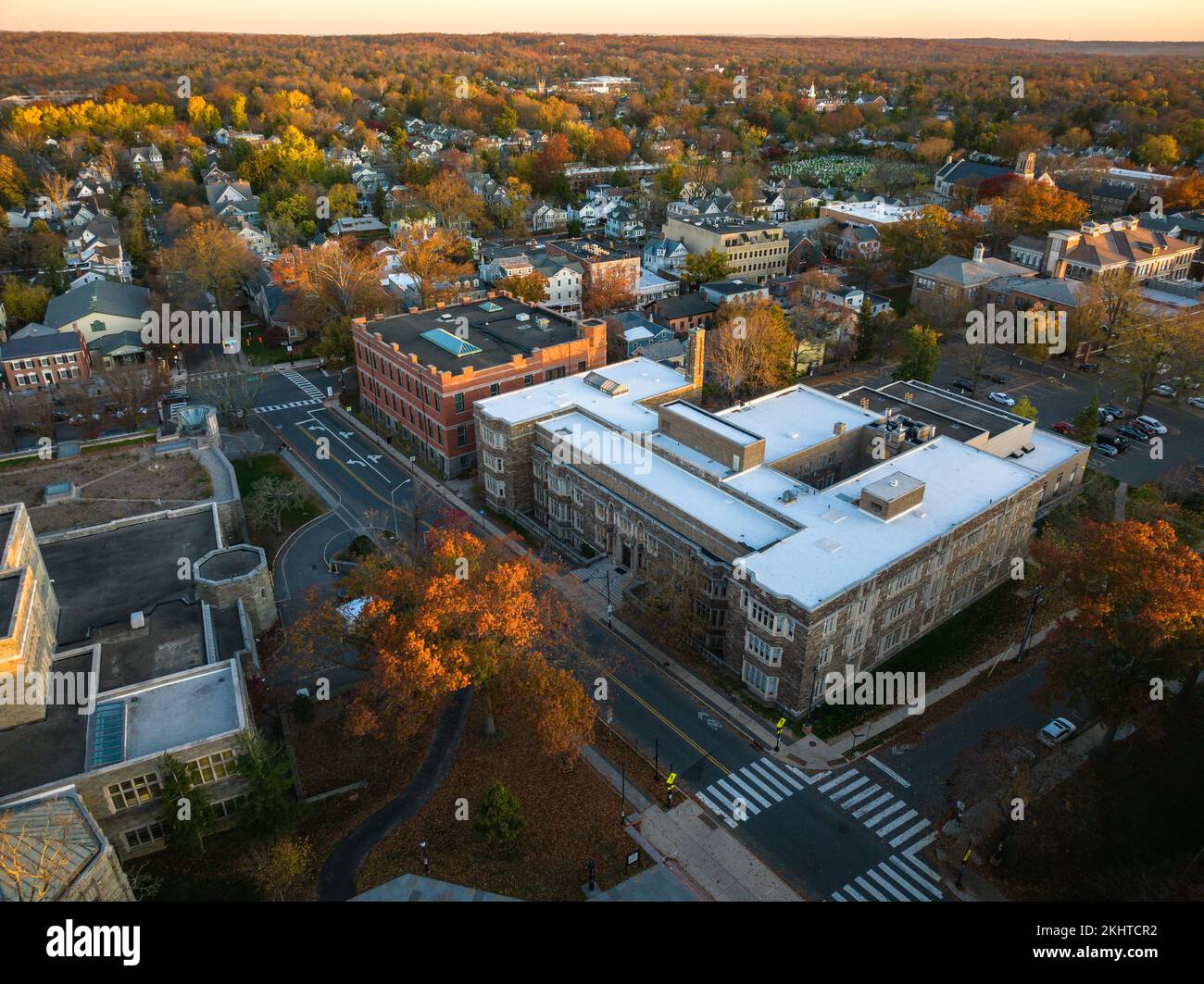 A drone view of golden sunrise over Princeton New Jersey. Cityscape ...