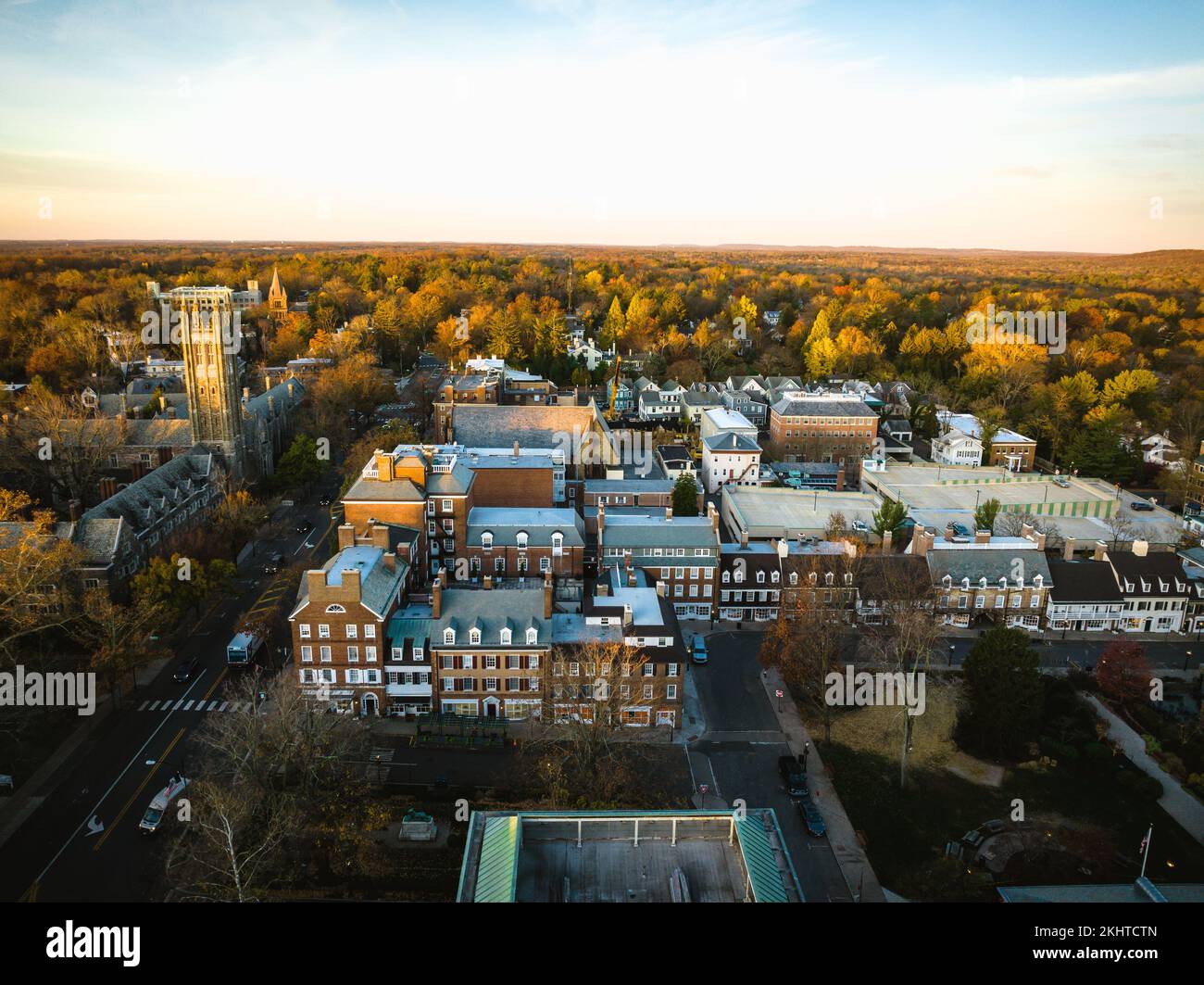 A drone view of golden sunrise over Princeton New Jersey. Cityscape ...