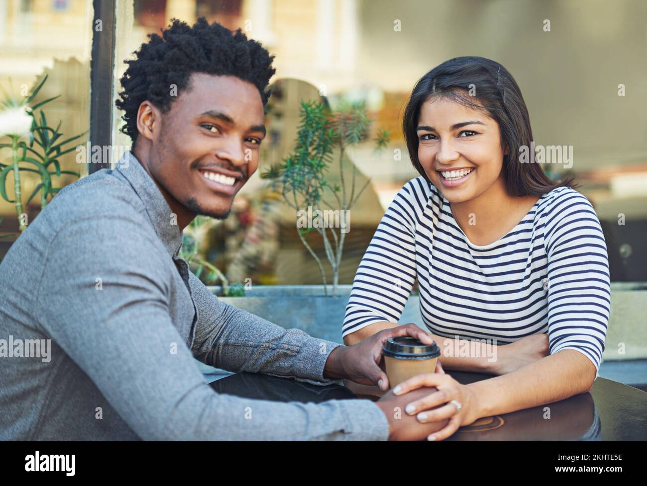 Happy couple, coffee and portrait smile at cafe for relationship ...