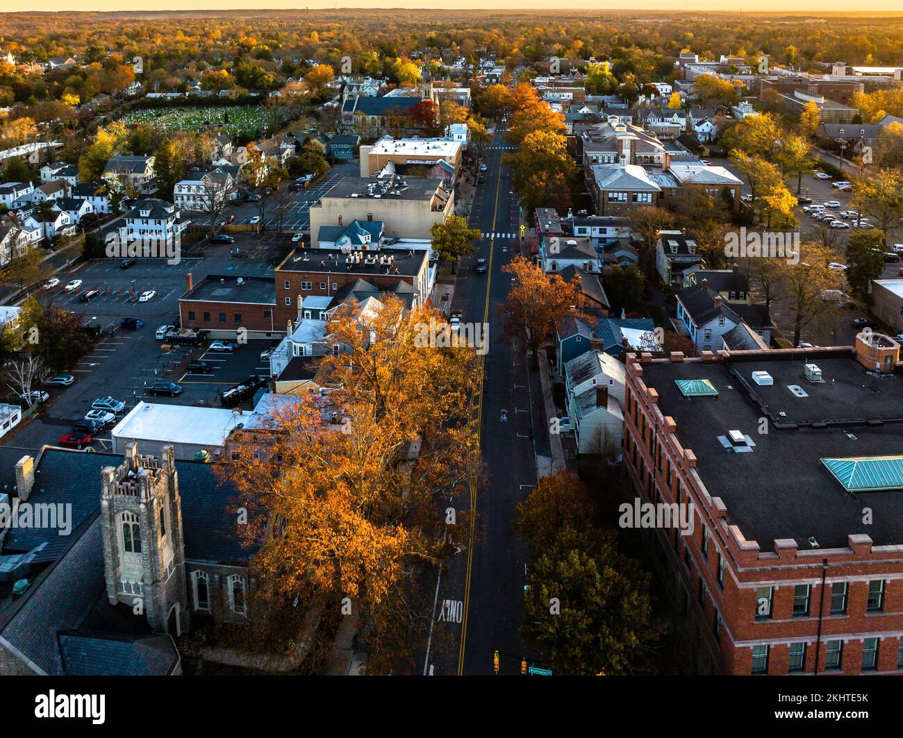 A drone view of golden sunrise over Princeton New Jersey. Cityscape ...