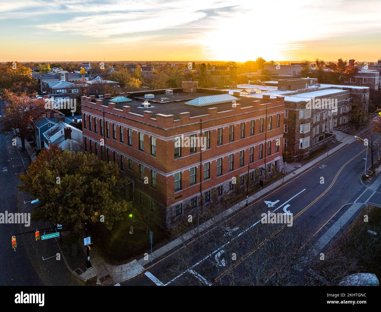 A drone view of golden sunrise over Princeton New Jersey. Cityscape ...