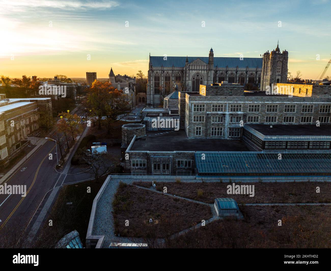 A drone view of golden sunrise over Princeton New Jersey. Cityscape ...