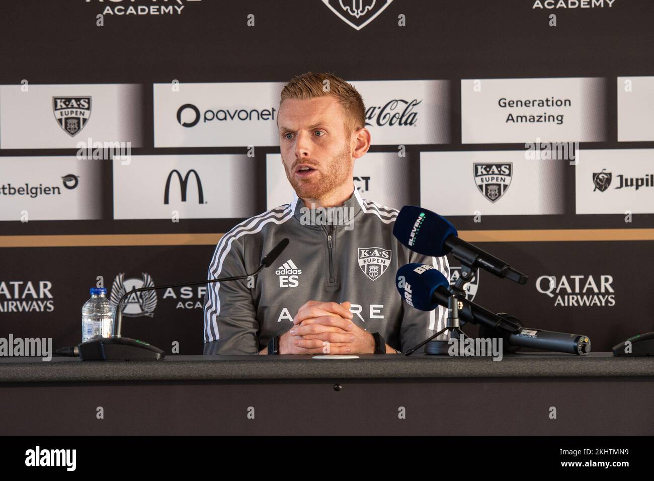 Eupen's new head coach Edward Still pictured at a press conference of ...