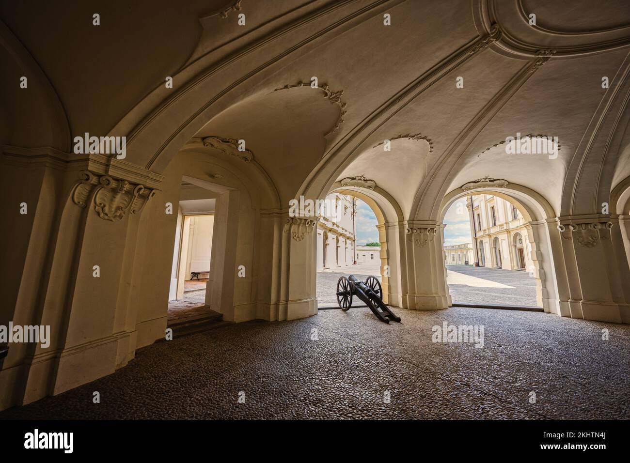 Cannon in Slavkov Castle, also known as Austerlitz Castle, is a Baroque ...