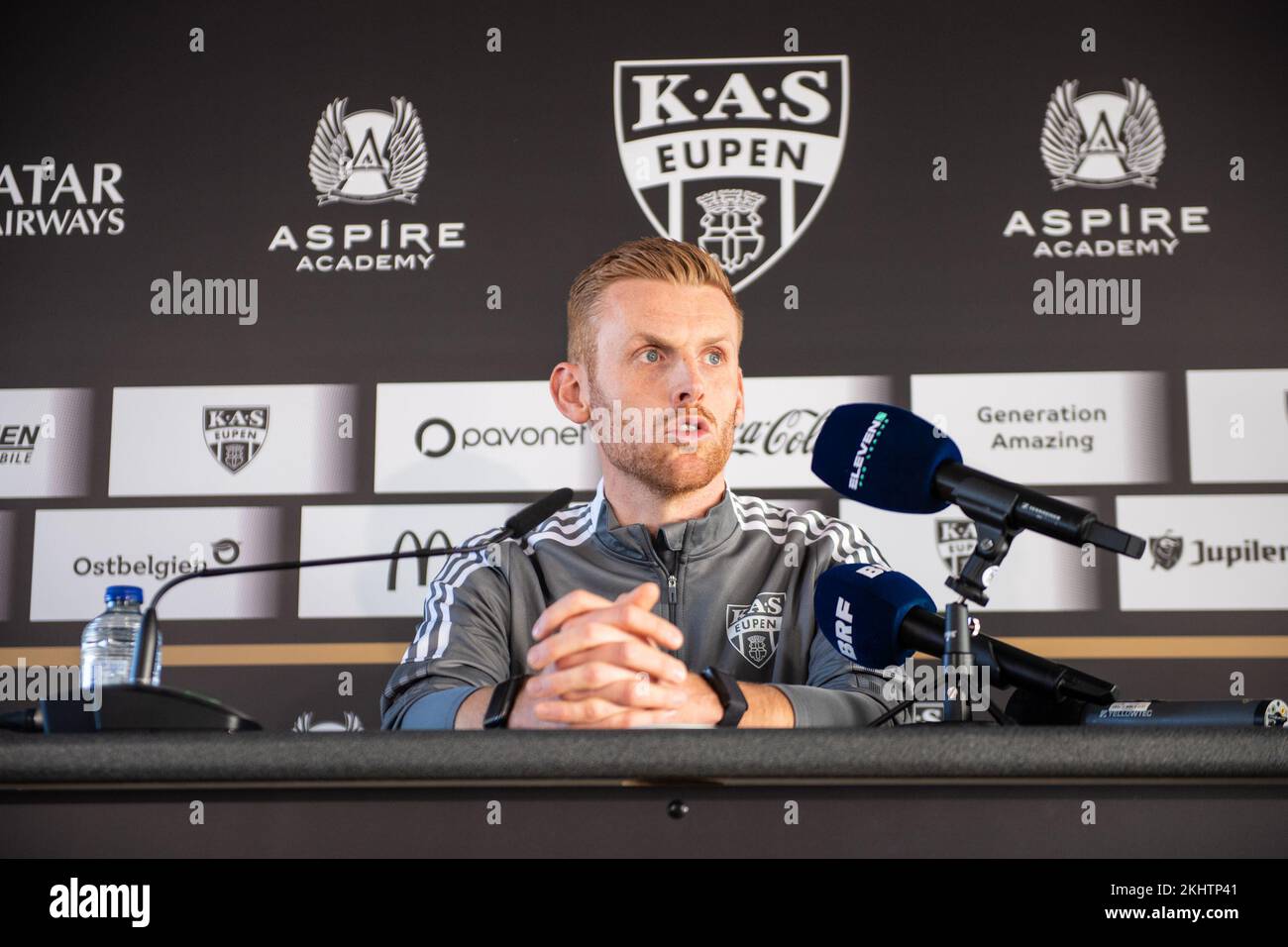 Eupen's new head coach Edward Still pictured at a press conference of ...