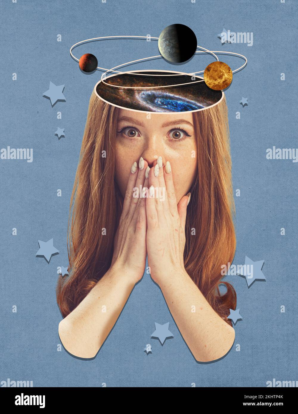 Contemporary art collage. Creative design. Young shocked woman having ...