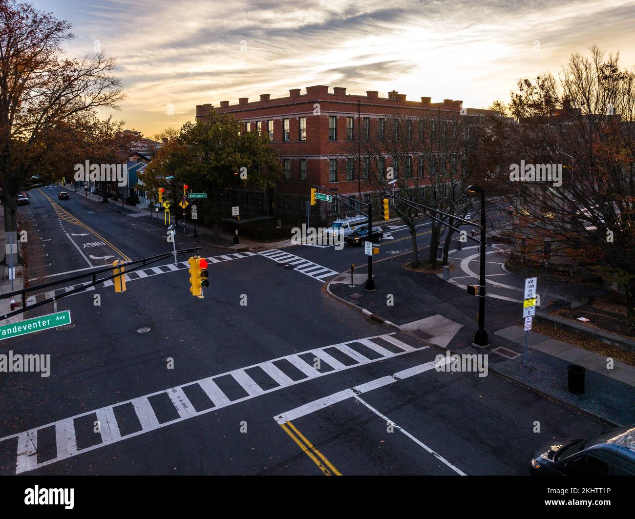 A drone view of golden sunrise over Princeton New Jersey. Cityscape ...