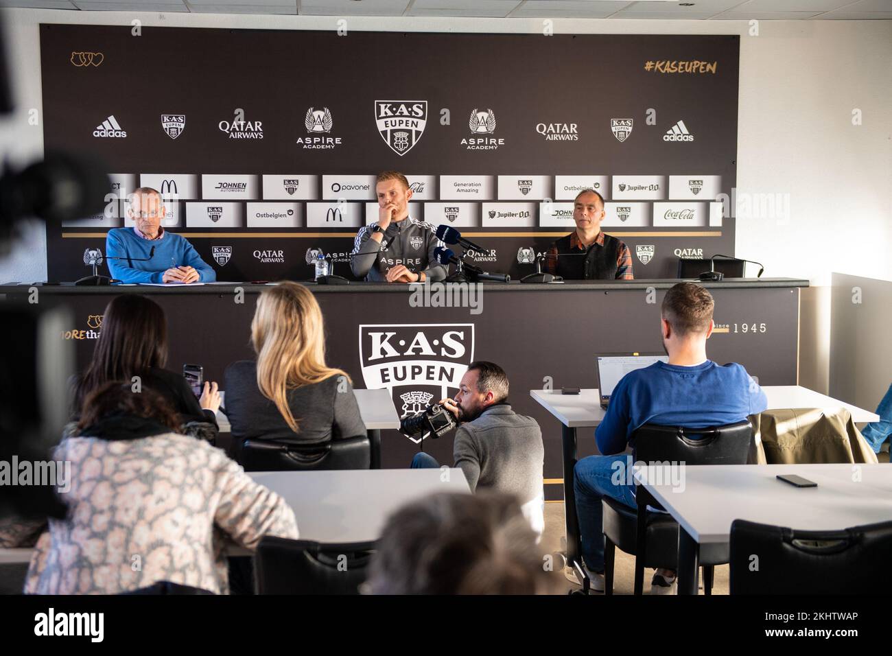 Eupen's new head coach Edward Still pictured at a press conference of ...