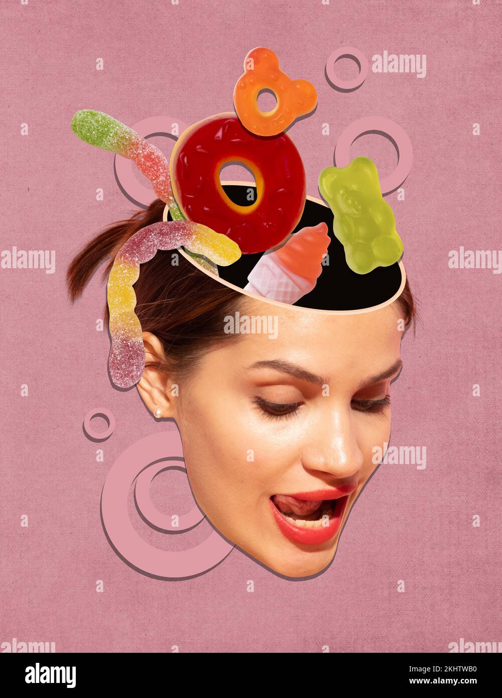 Contemporary art collage. Creative design. Young woman with many jelly ...